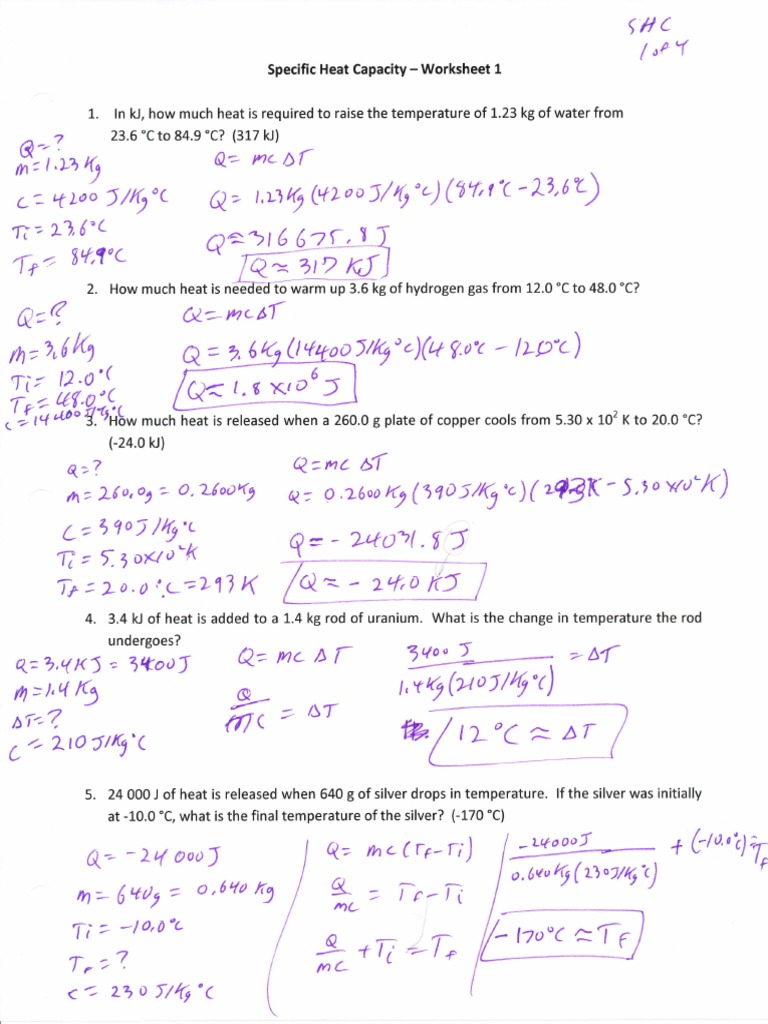 Specific Heat Capacity - Worksheet (Key) | PDF | Thermodynamic ...