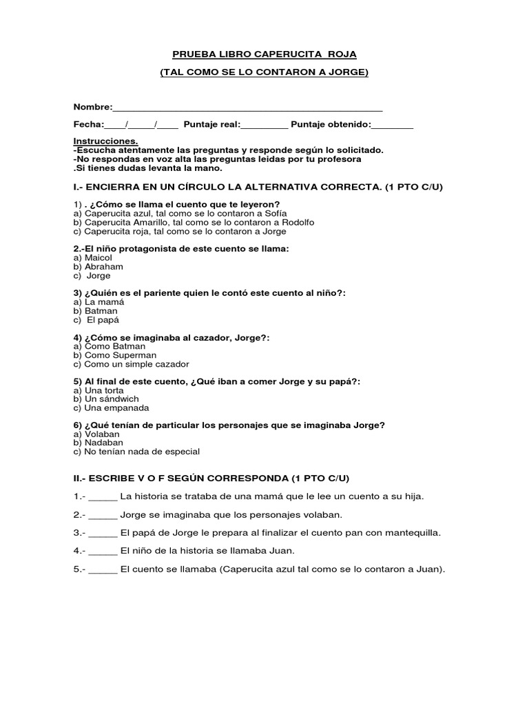 Evaluación de comprensión lectora sobre el cuento Caperucita Roja según ...