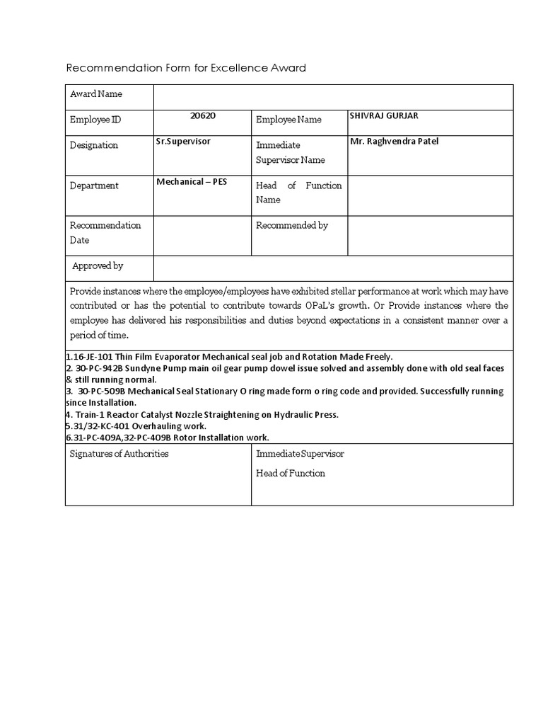 Recommendation Form For Excellence Award | PDF | Technology & Engineering