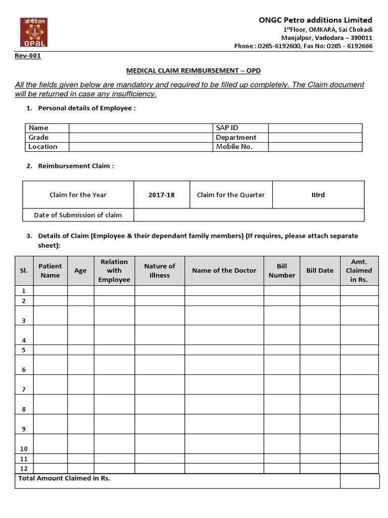 OPaL OPD Claim Form For 2017-18 | PDF | Government | Business