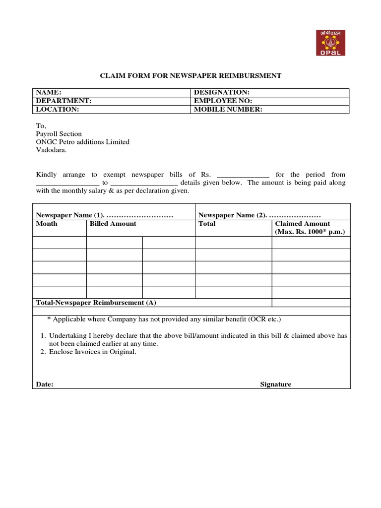 Newspaper Reimbursment Claim Form | PDF