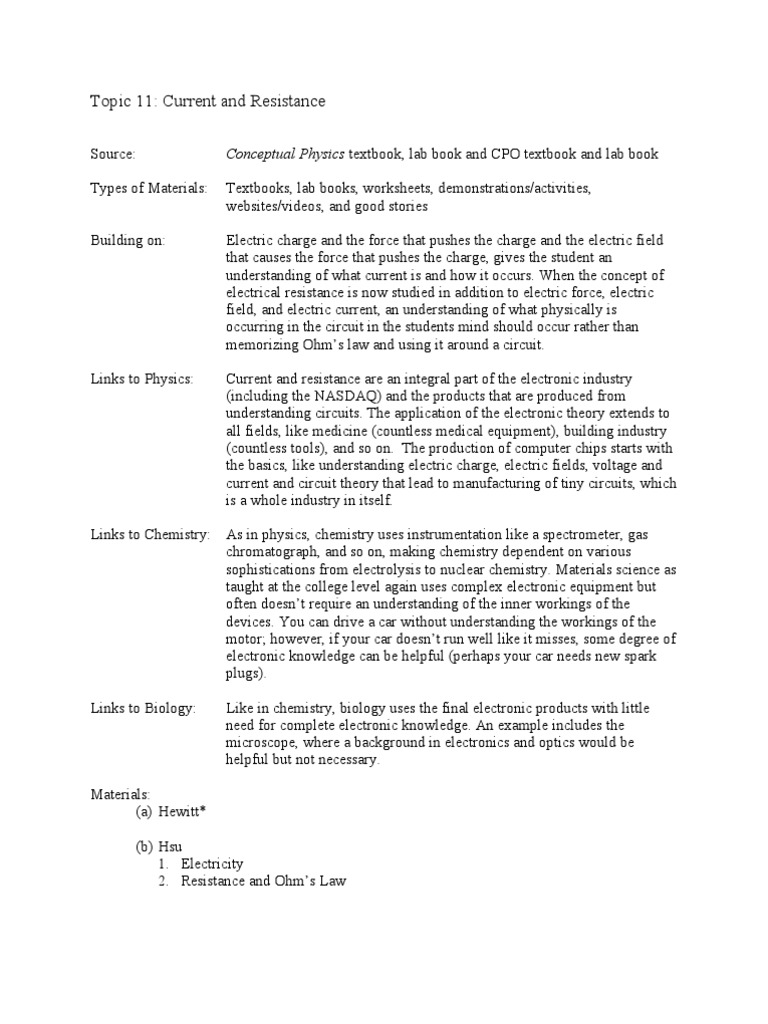 Topic 11: Current and Resistance: Conceptual Physics Textbook, Lab Book ...