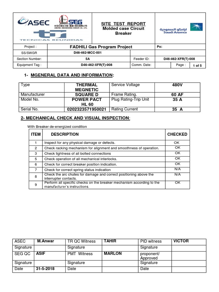 Site Test Report Molded Case Circuit Breaker: Project: SS/SWGR Section ...