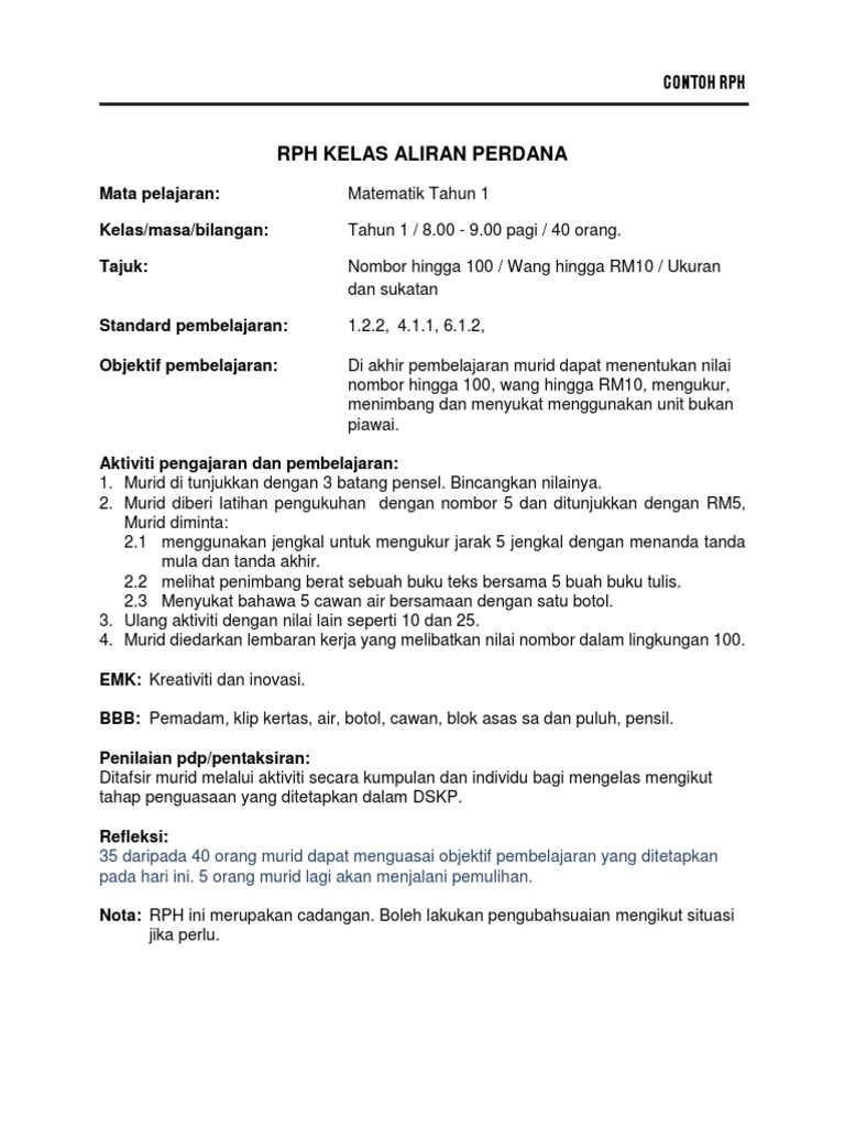Contoh RPH Modular Tahun 1 | PDF