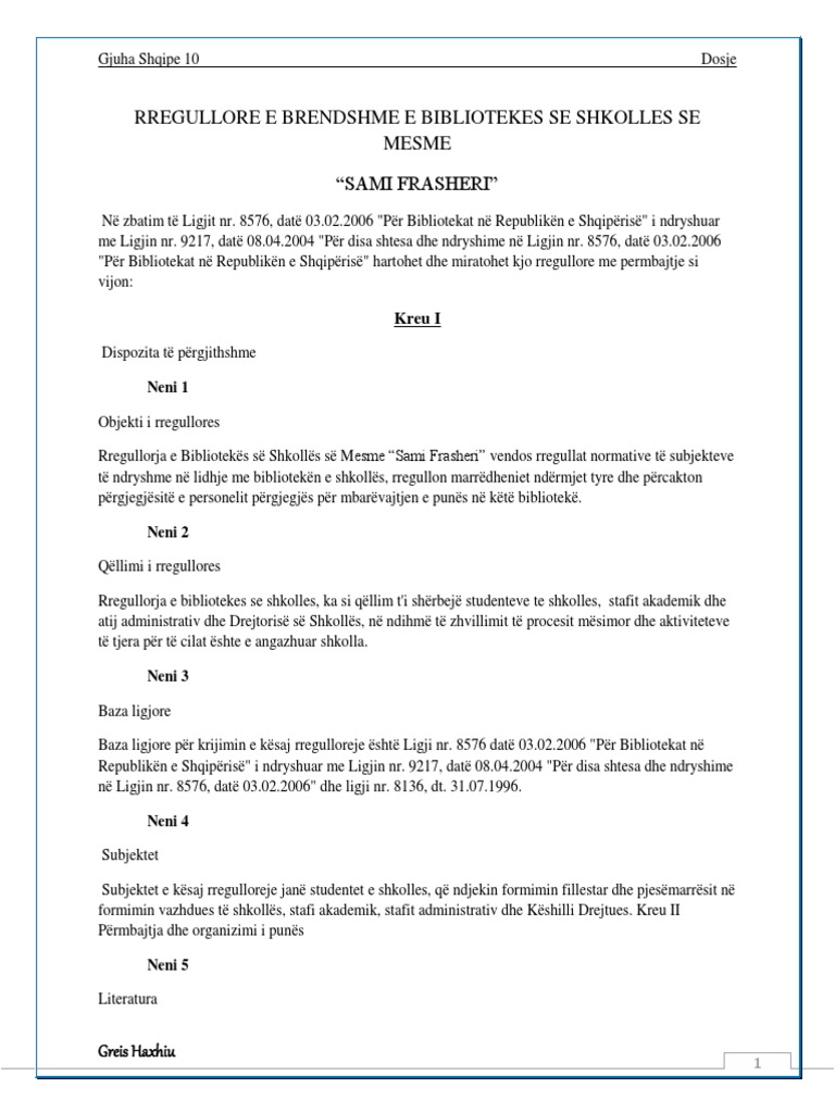 Rregullore e Brendshme e Bibliotekes Se Shkolles Se Mesme | PDF