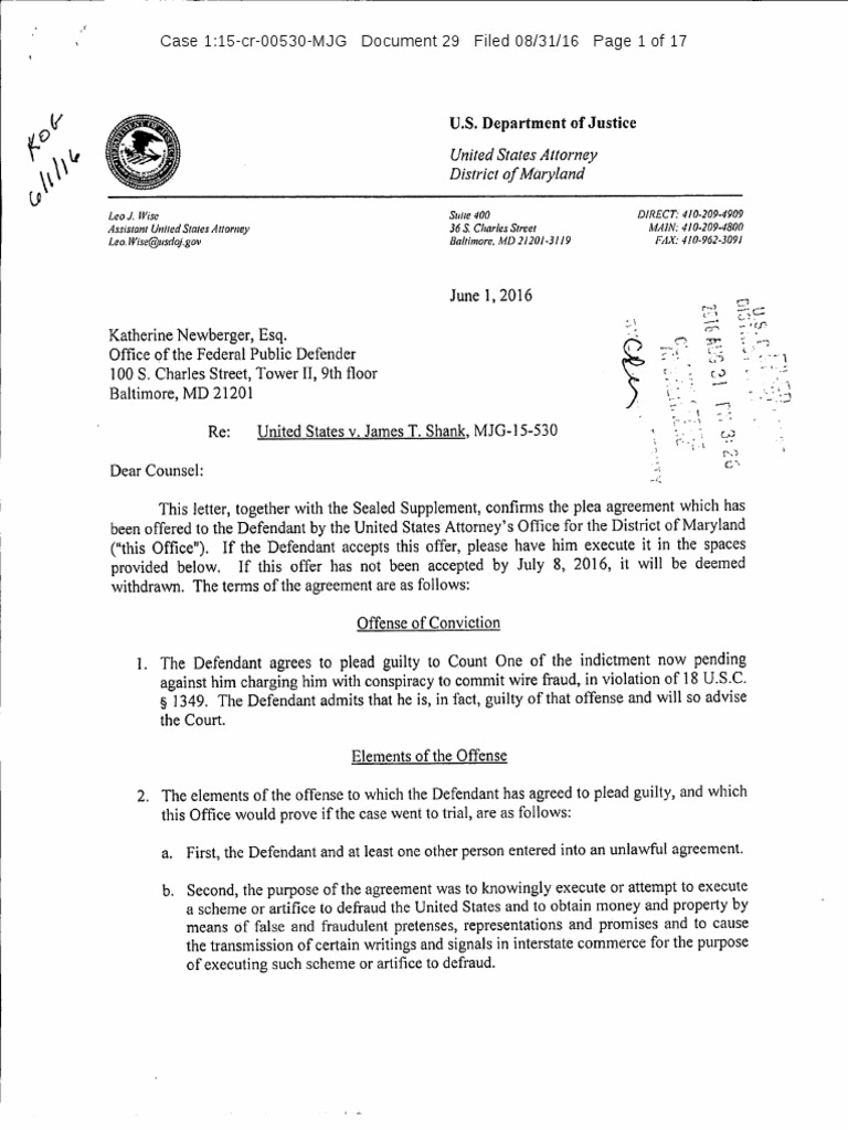 JAMES SHANK Plea Agreement | PDF | Plea | United States Federal ...