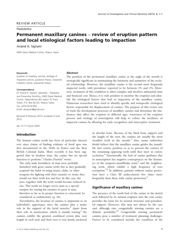 Permanent Maxillary Canines: A Review of Eruption Patterns and Local ...