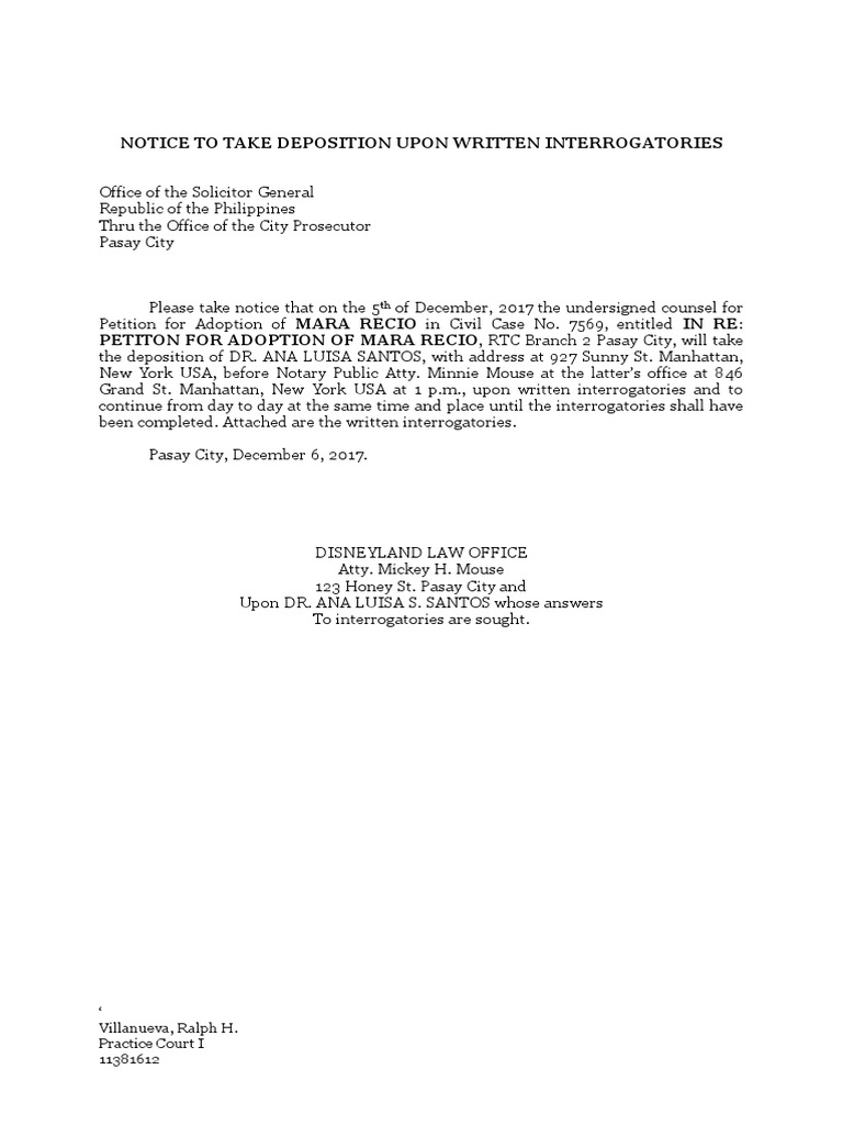Notice for Deposition of Dr. Santos | PDF | Deposition (Law) | Affidavit