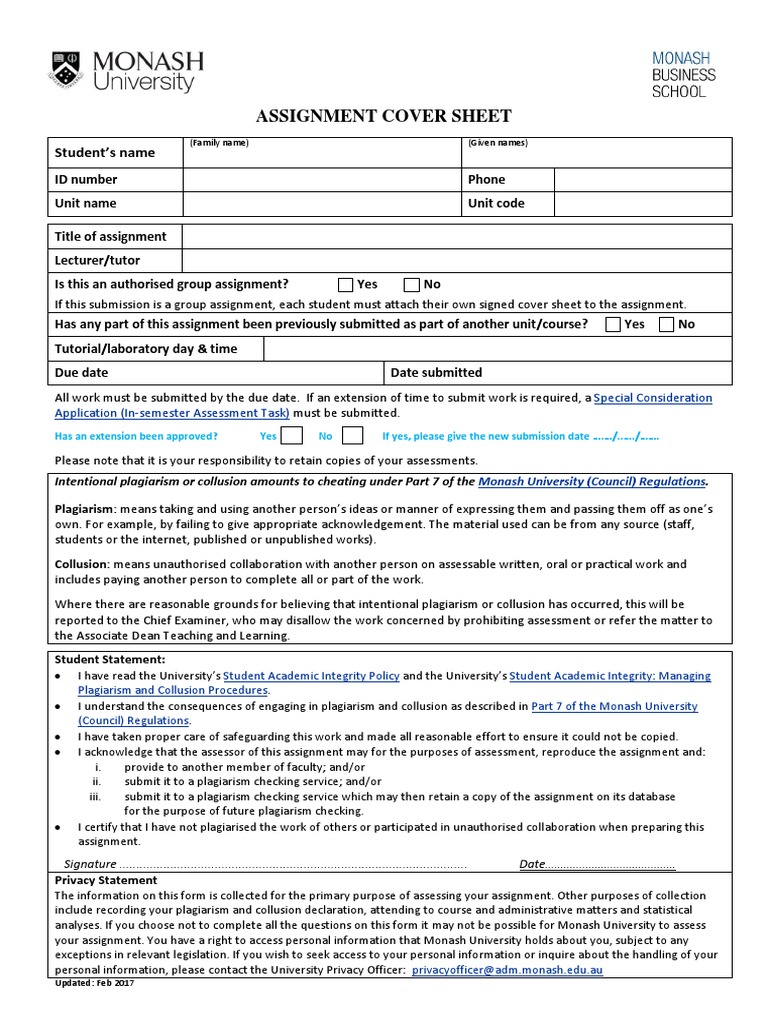 Assignment Cover Sheet: Student's Name | PDF | Academic Integrity ...