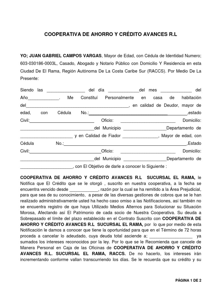 Modelo de Carta de Requerimiento de Pago 2017 | Cooperativa | Deuda
