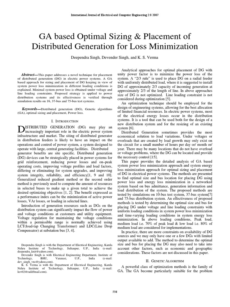 Optimal Sizing and Placement of Distributed Generation for Loss Minimization Using a Genetic ...