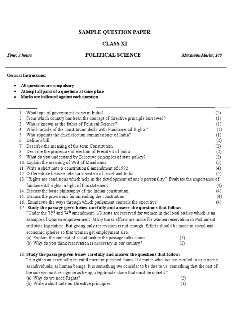Sample Paper Political Science Class Xi | PDF | Citizenship | Rights