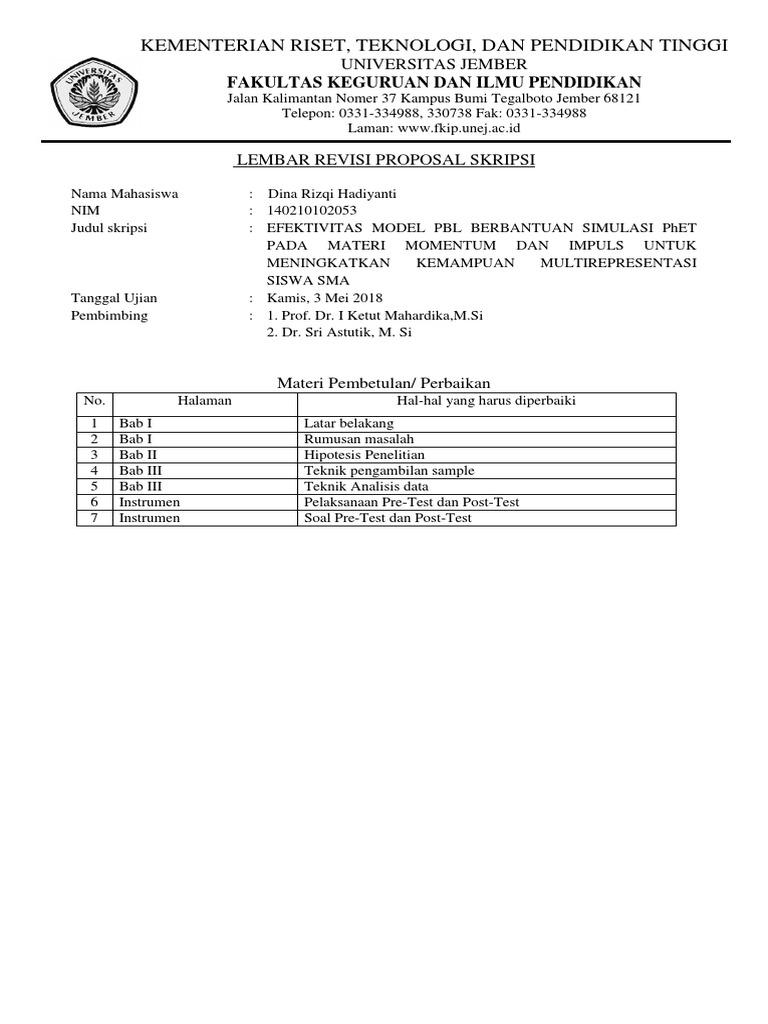 Lembar Revisi Proposal Skripsi | PDF