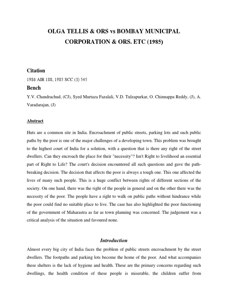 Olga Tellis Case: Right to Livelihood | PDF | Slum | Employment