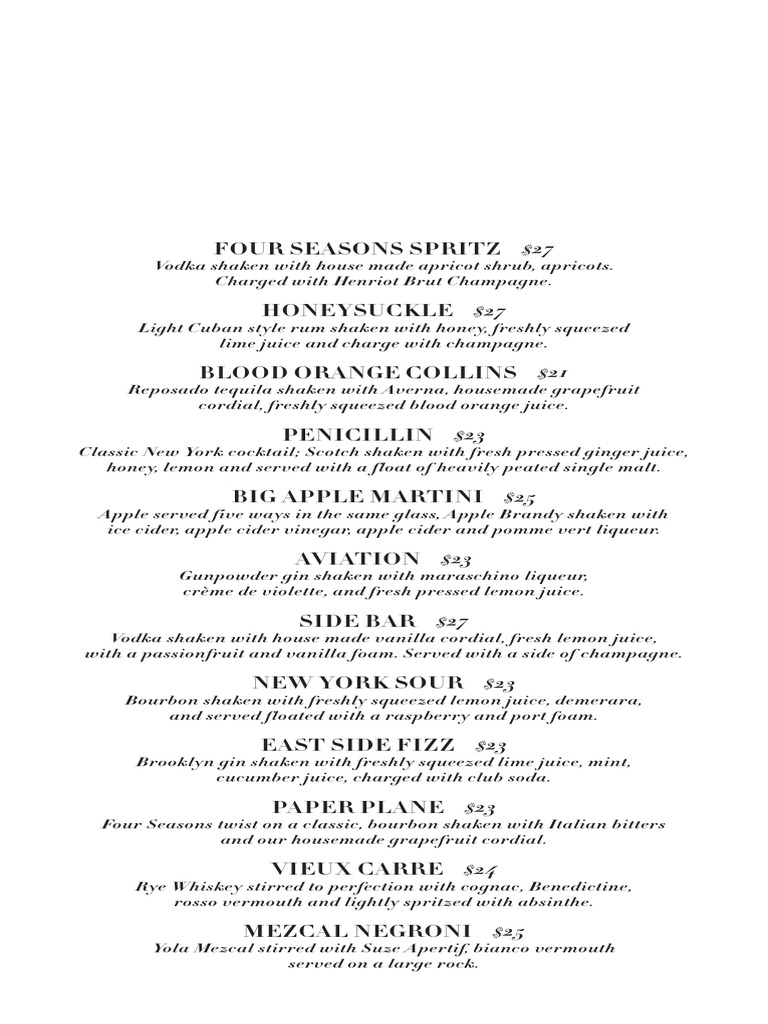 Cocktail Menu - the Four Seasons