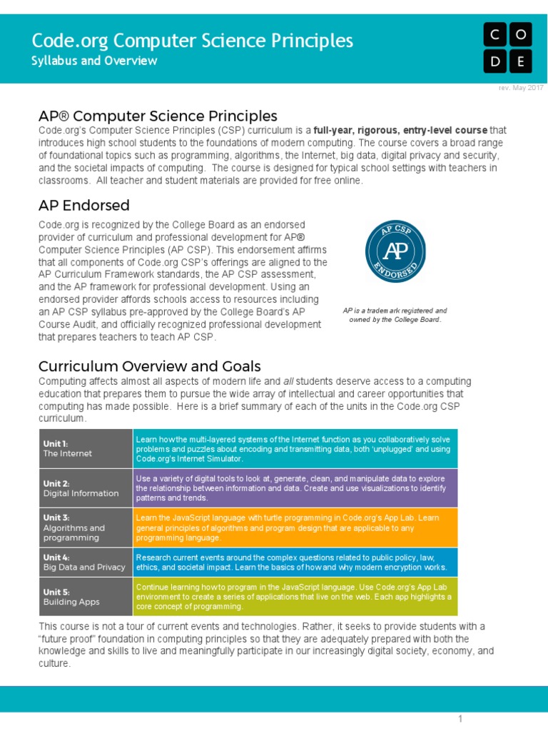 Cspsyllabusmay2017 Codeorg | PDF | Computers