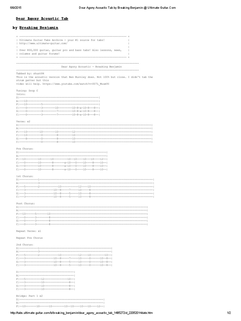 Dear Agony Acoustic Tab by Breaking Benjamin | PDF | Guitars | Elements ...