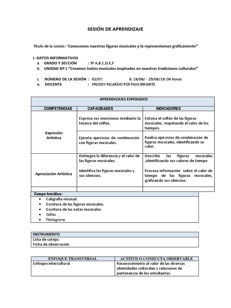 Sesion de Aprendizaje 2 Musica - 2018 | PDF | Maestros | Aprendizaje