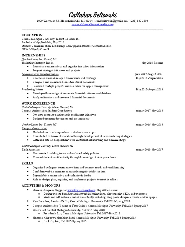 Callahan Beltowski's Resume Overview | PDF | Michigan | Blog