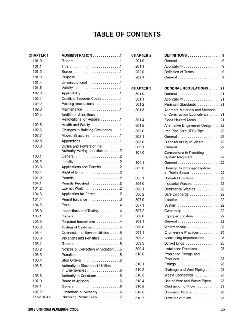 2015 UPC Table of Contents | Download Free PDF | Pipe (Fluid Conveyance ...