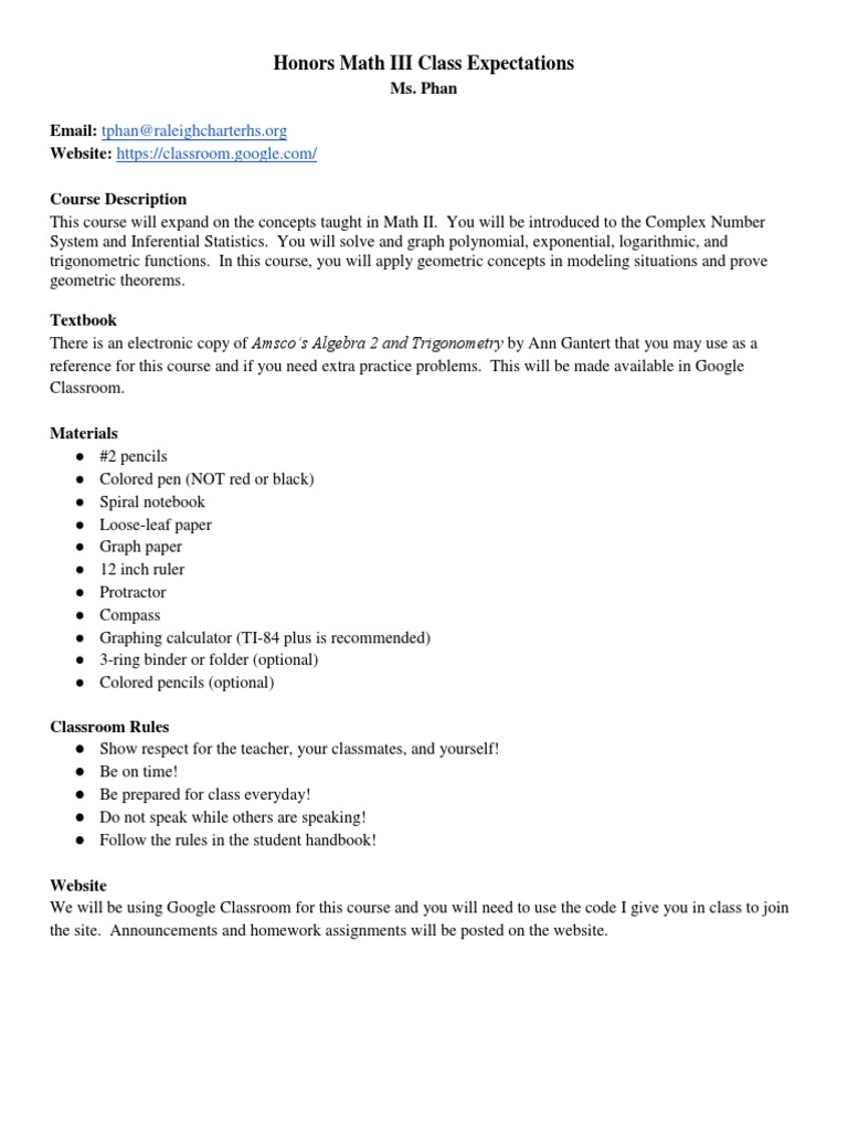 Honors Math III Class Guide | PDF | Homework | Test (Assessment)