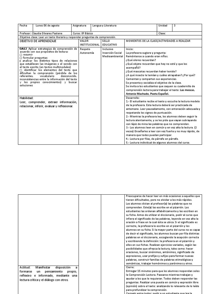 Planificación Comprensión de Lectura | Lectura (proceso) | Comprensión ...