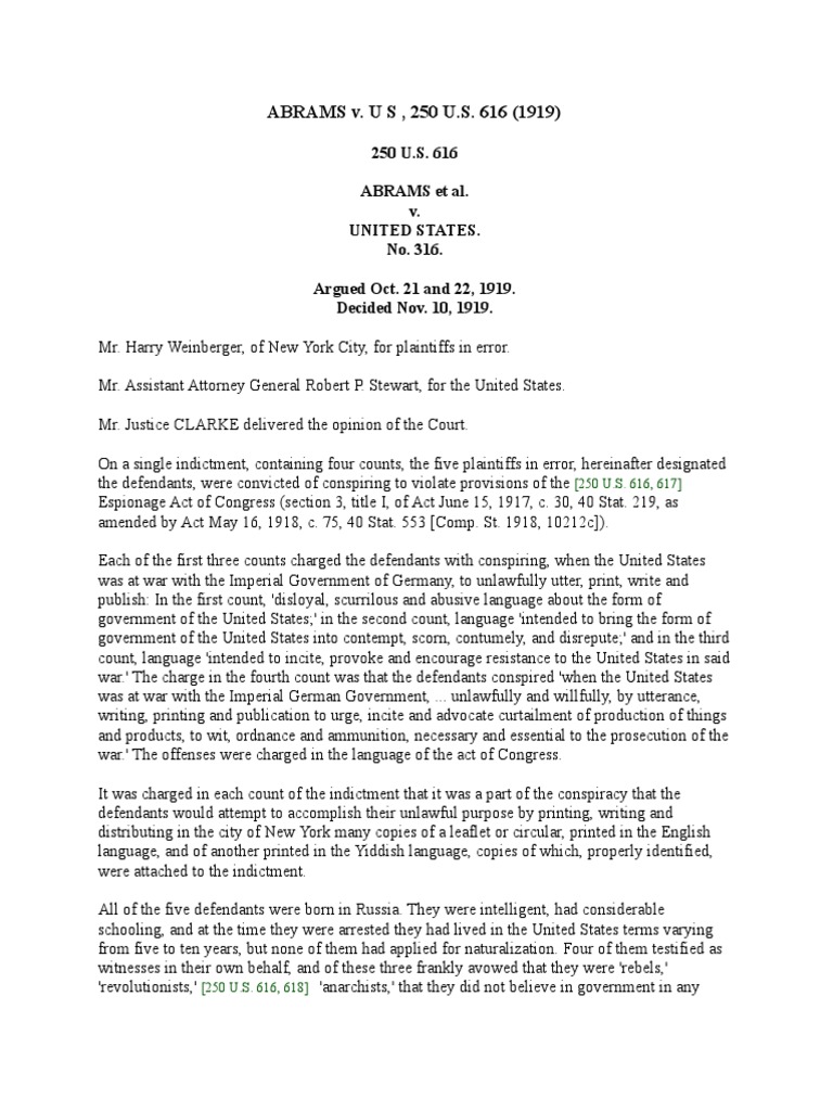 Abrams Vs Us | PDF | First Amendment To The United States Constitution ...