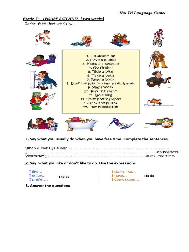 Free Time Activities Hand Out | PDF