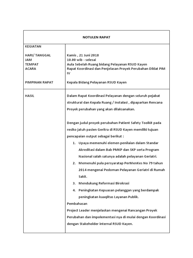 Notulen Rapat Proyek Geriatri RSUD Kayen | PDF | Bisnis
