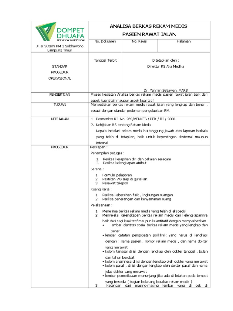 SPO Analisa Berkas Rekam Medis Pasien Rawat Jalan | PDF
