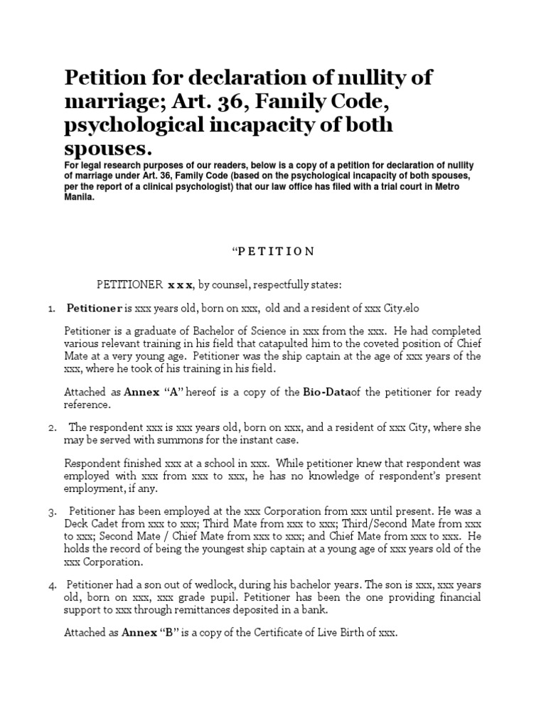 Petition For Declaration of Nullity of Marriage Art. 36, Family Code ...