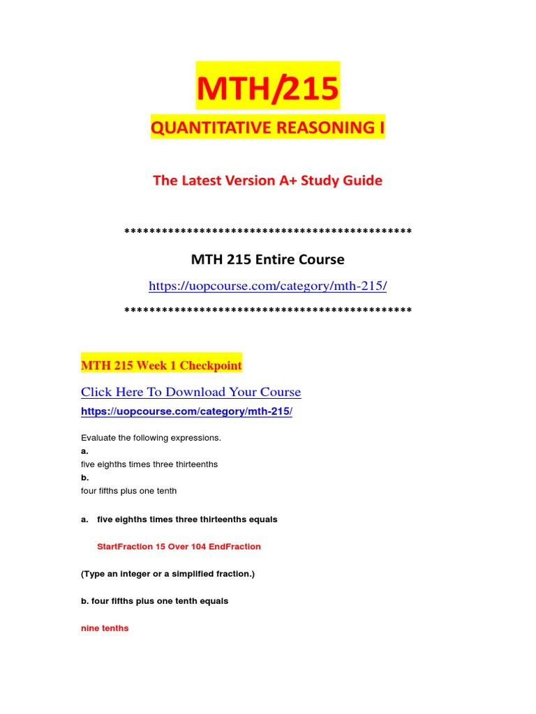 MTH 215 MATH 215 mth215 Math 215 QUANTITATIVE REASONING I | PDF ...