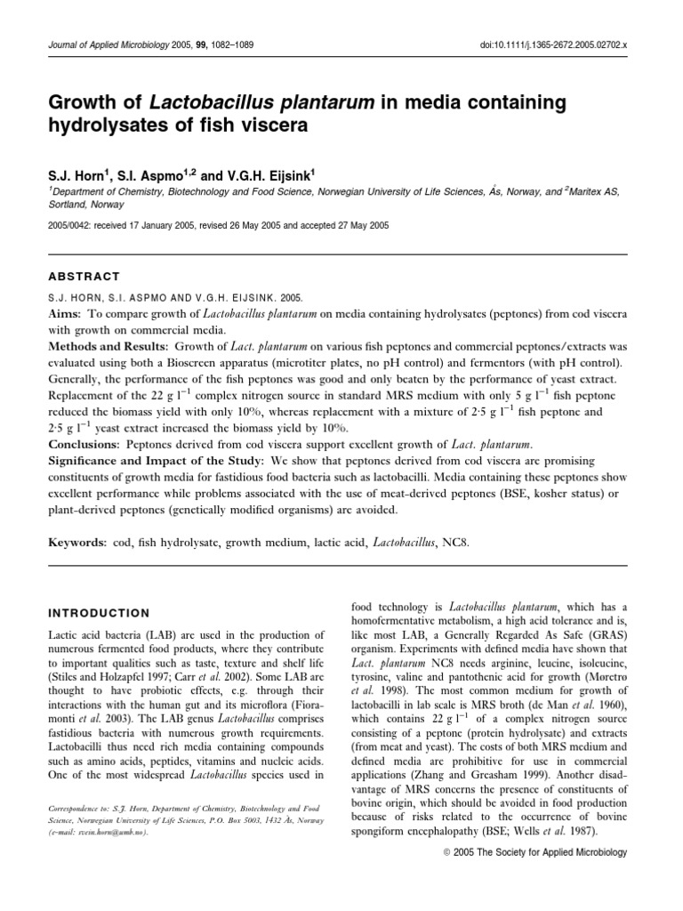 Growth of Lactobacillus Plantarum in Media Containing Hydrolysates of ...