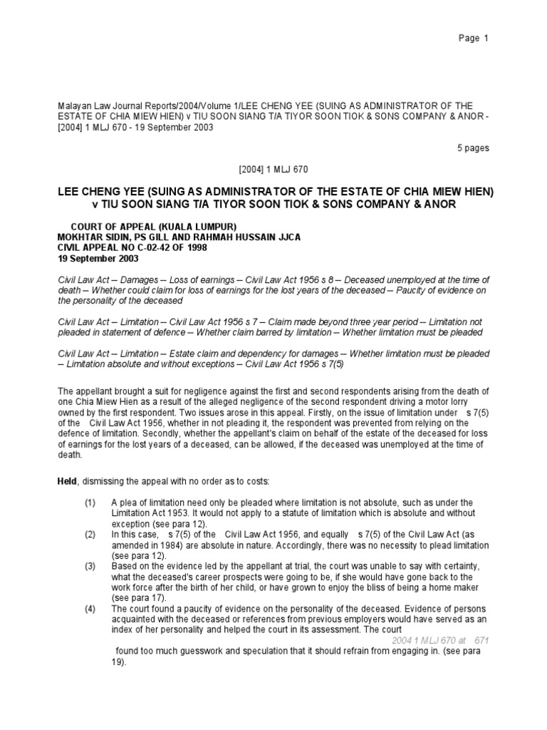 Lee Cheng Yee (Suing As Administrator of The Estate of Chia Miew Hien ...
