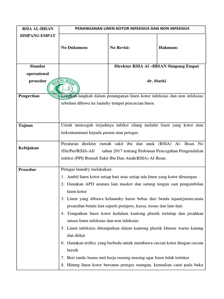 Spo Penanganan Linen Kotor Infeksius Dan Non Infeksius | PDF