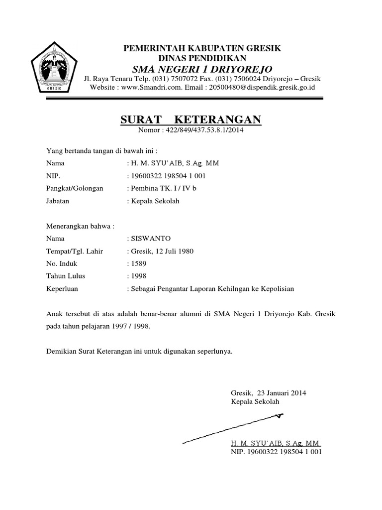 Surat Keterangan Kehilangan STTB | PDF