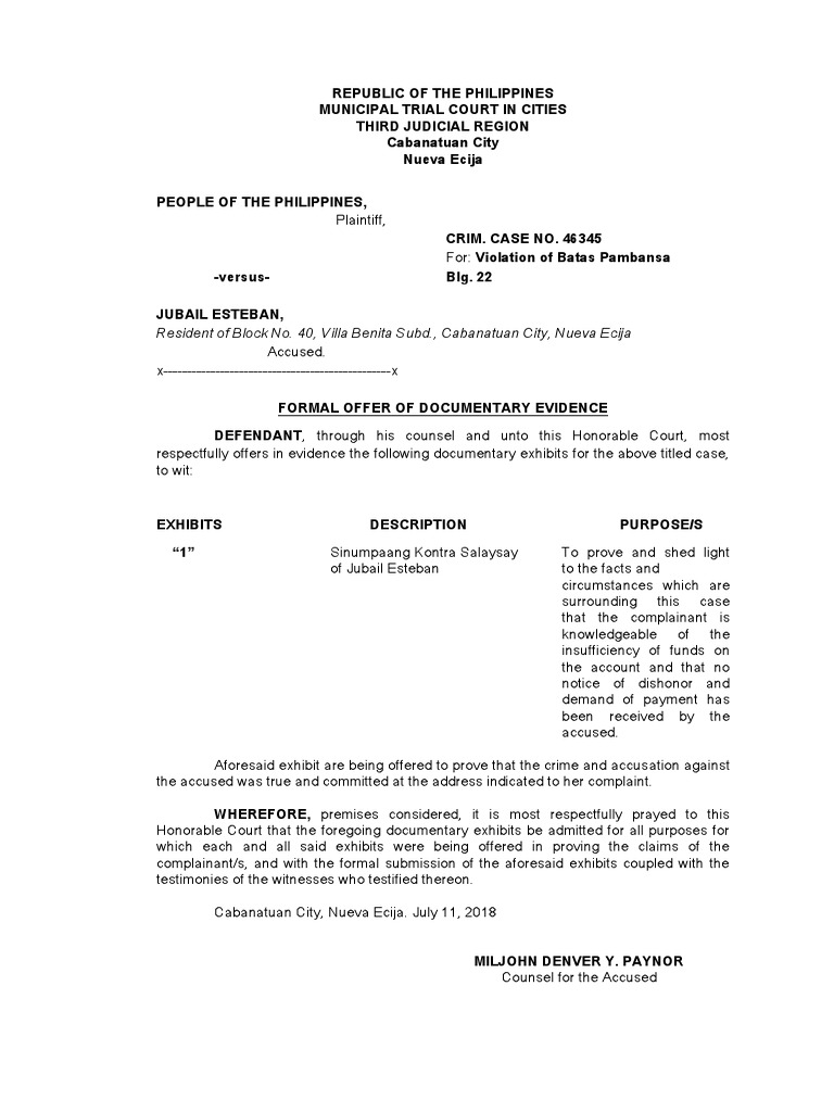 Formal Offer Defense | PDF | Testimony | Courts