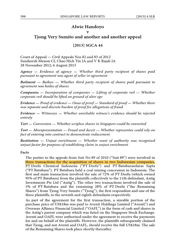 Alwie Handoyo V Tjong Very Sumito and Another and Another Appeal (2013 ...