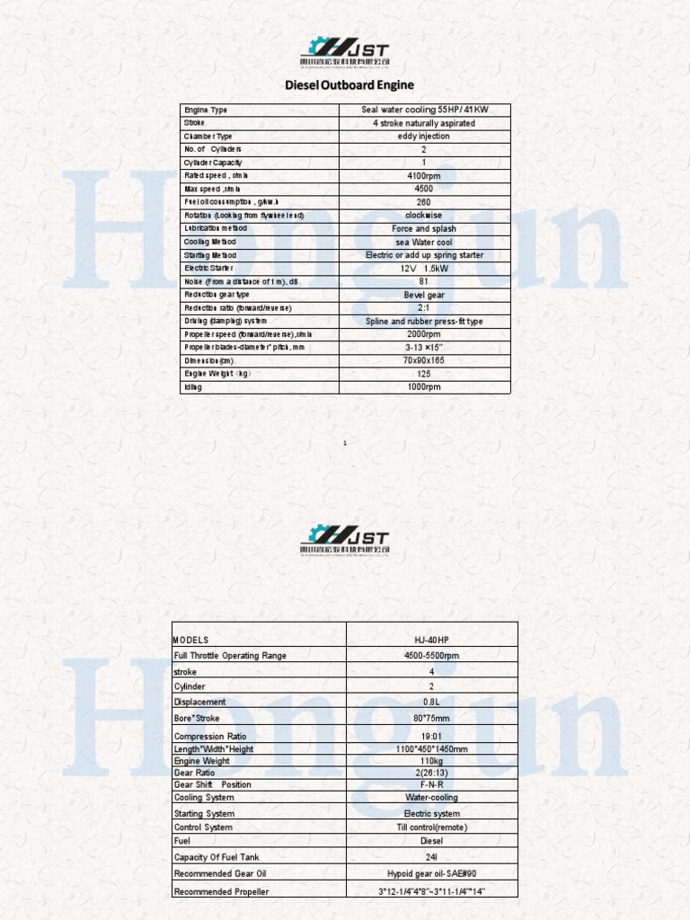 Hongjun Diesel Outboard Engine Catalogue | PDF | Engines | Gear