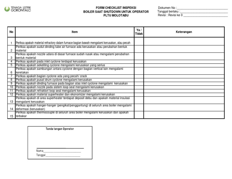 Form Checklist Inspeksi Boiler Saat Shutdown Untuk Operator | PDF