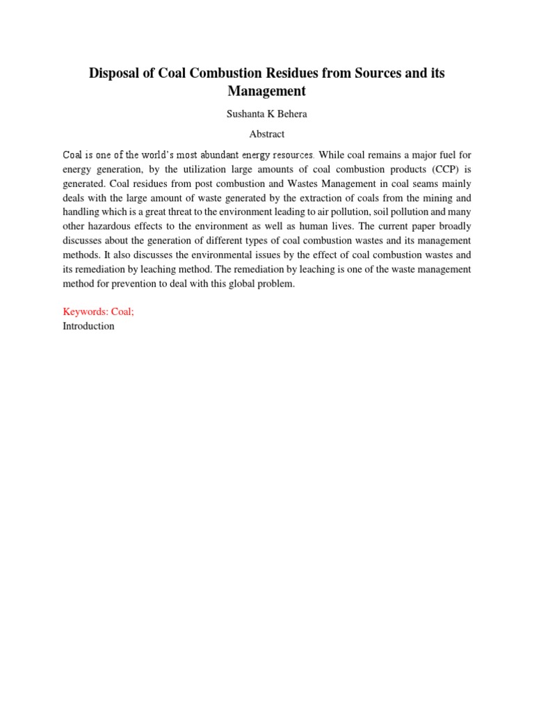 Disposal of Coal Combustion Residues From Sources and Its Management | PDF