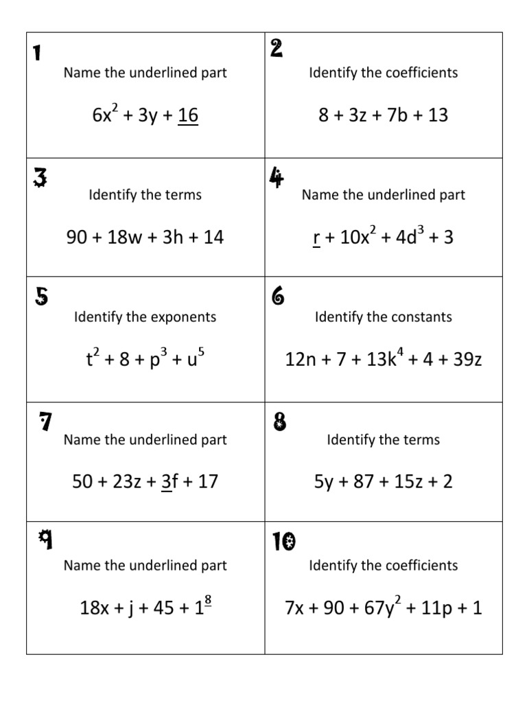Identifying Parts of Expressions Worksheet | PDF