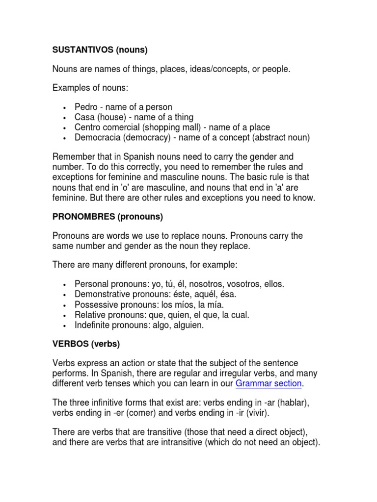 SUSTANTIVOS (Nouns) : Grammar Section | PDF | Grammatical Gender | Verb