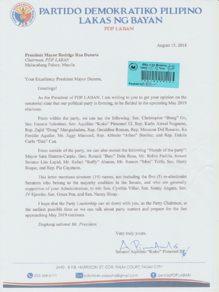 PDP-Laban's Letter To President Duterte