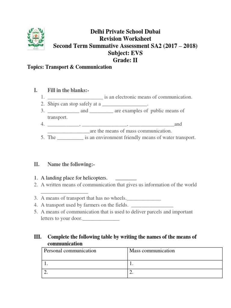 Class 2 EVS: Transport & Communication Worksheet | PDF | Transport