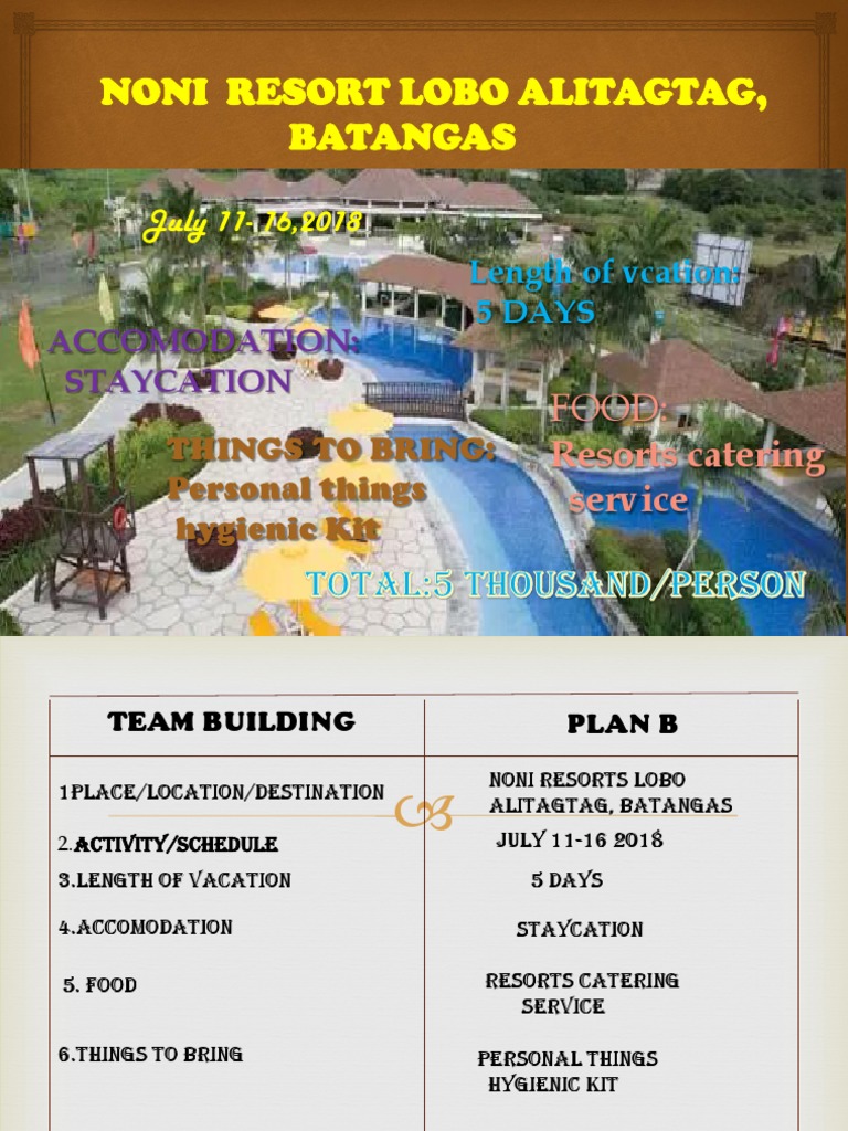 Noni Resort Lobo Alitagtag, Batangas: July 11-16,2018 | PDF