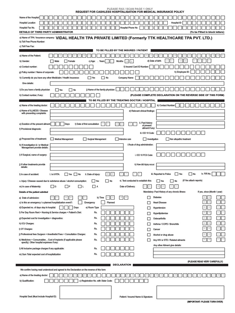 Cashless - Pre Authorisation Form PDF | PDF | Hospital | Patient