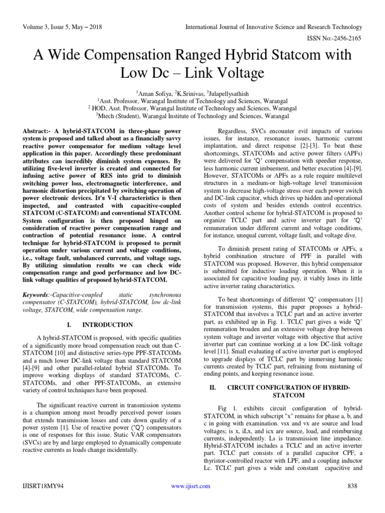 A Wide Compensation Ranged Hybrid Statcom With Low Dc Link Voltage Pdf Pdf Power Inverter