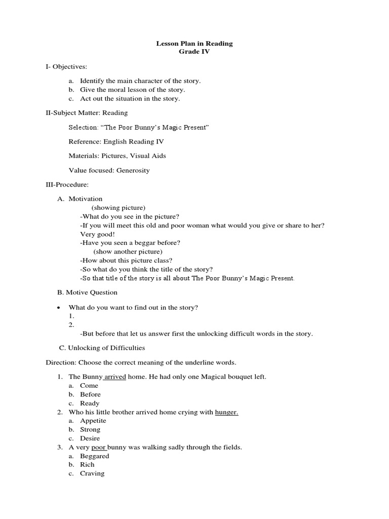 Lesson Plan in Reading Grade IV | PDF