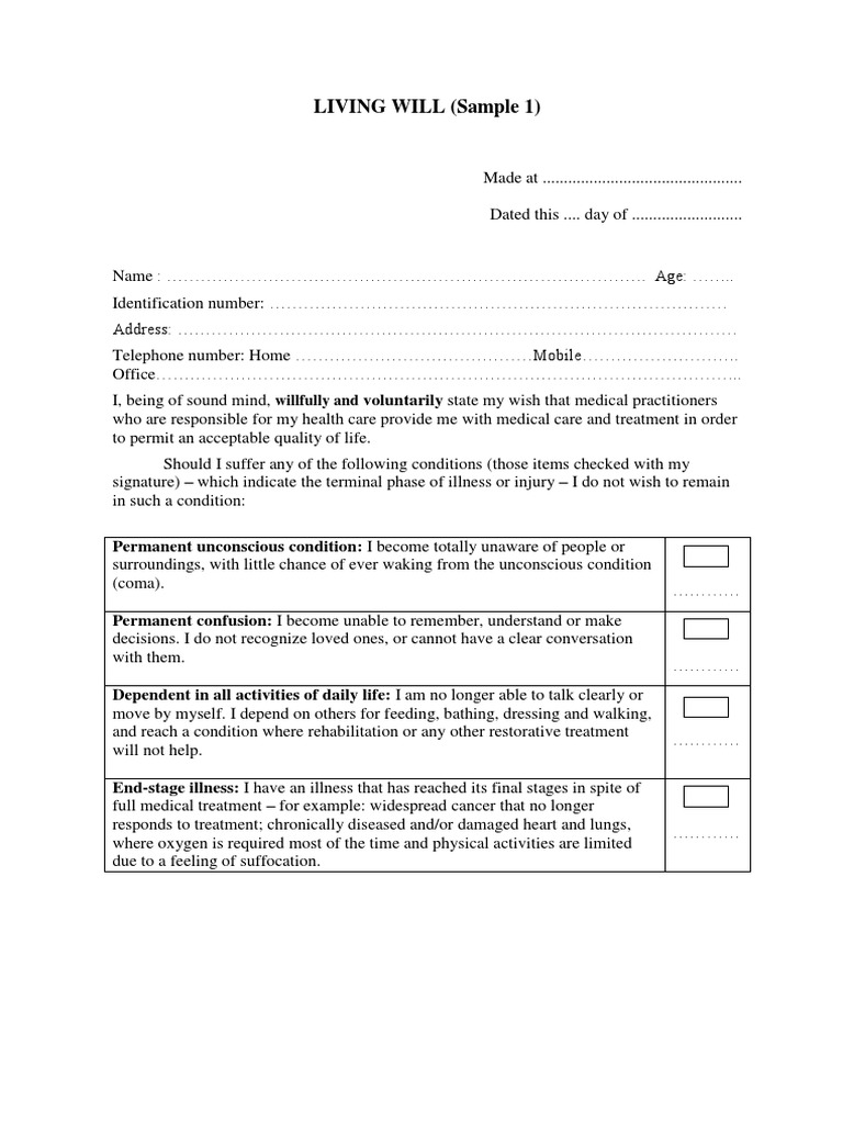 LIVING WILL (Sample 1) : Willfully and | PDF | Intravenous Therapy ...